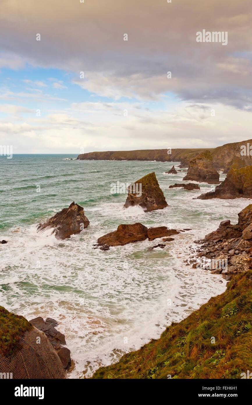 The dramatic sea stacks at Bedruthan Steps on the north coast of ...
