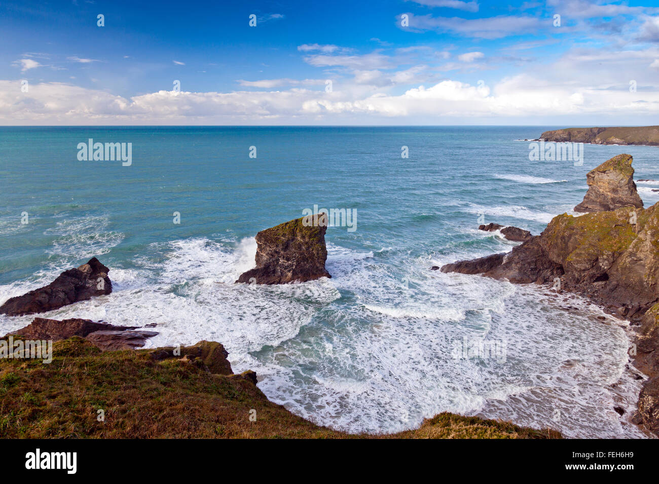 The dramatic sea stacks at Bedruthan Steps on the north coast of ...
