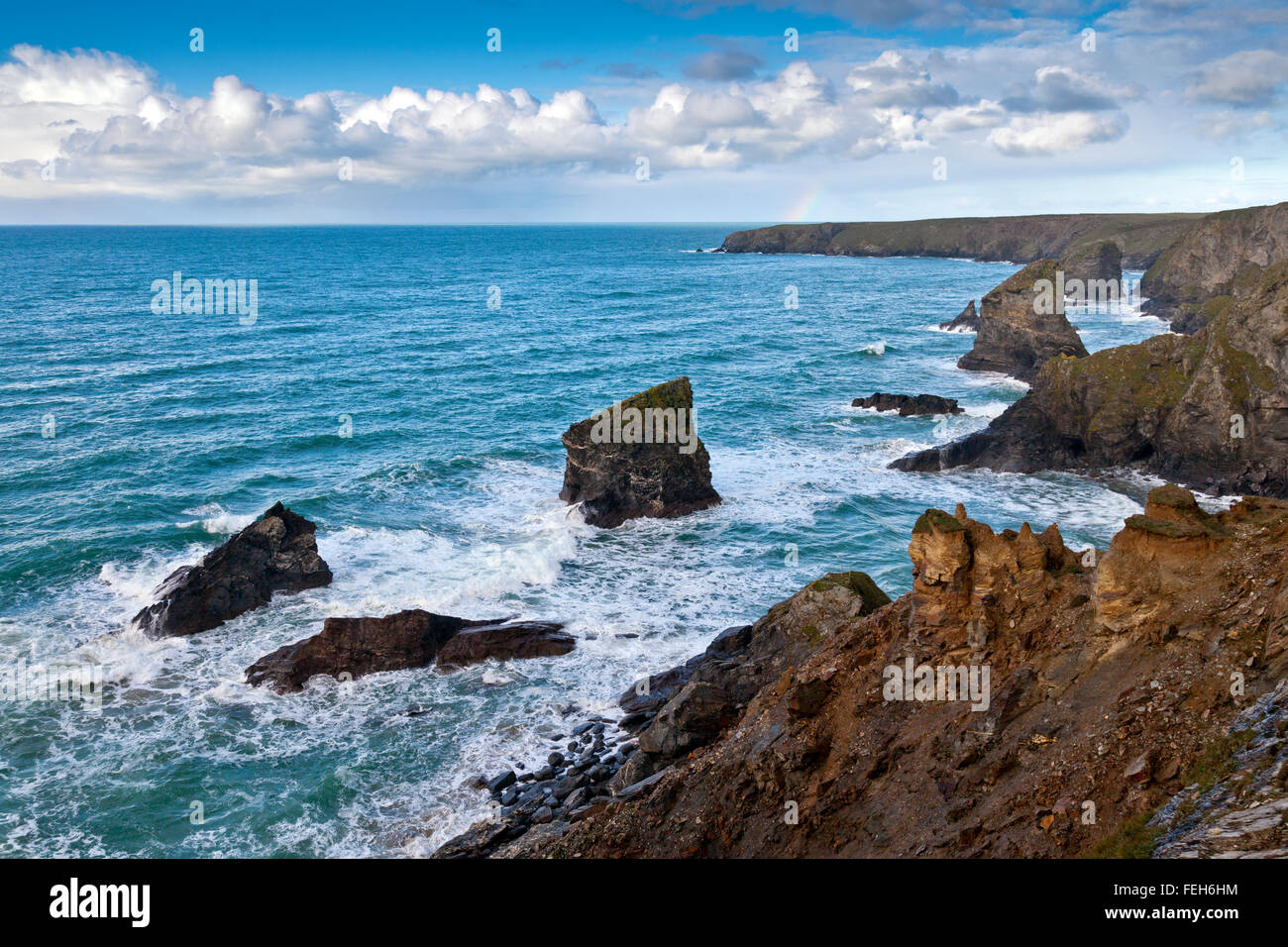 The dramatic sea stacks at Bedruthan Steps on the north coast of ...