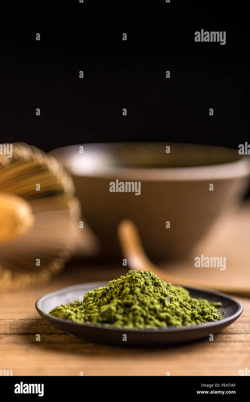 Japanese matcha green tea powder in black plate Stock Photo - Alamy