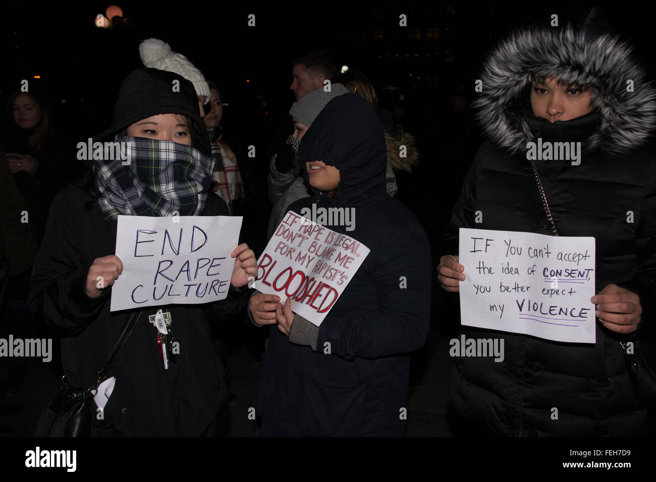 New York, USA. 6th February, 2016. Anti-rape activists hold signs ...