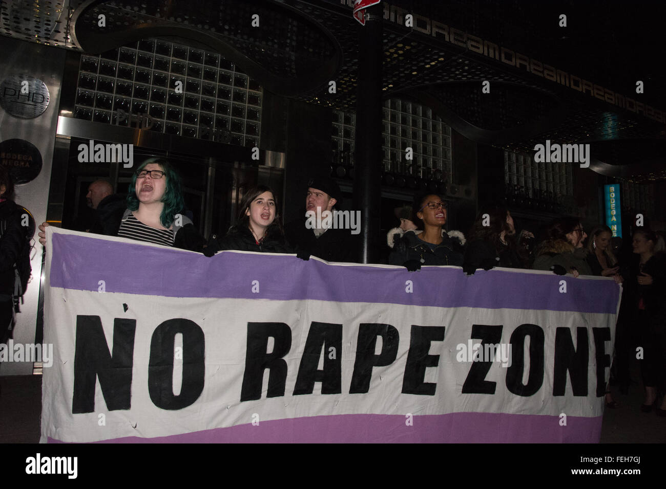 New York, USA. 6th February, 2016. Anti-rape activists protest at Dream ...