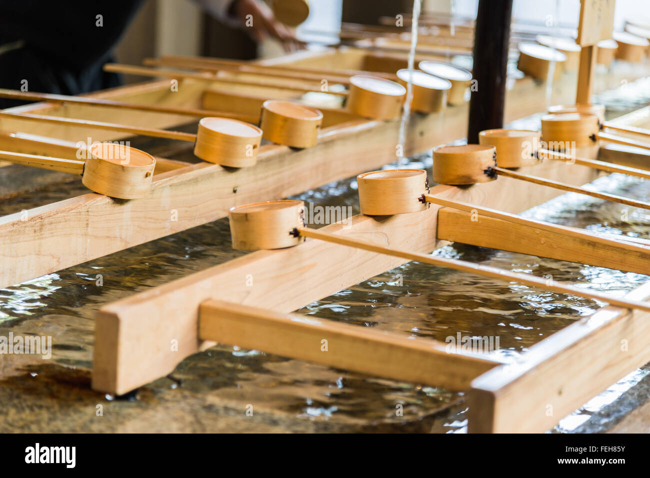 Bamboo Japanese purification ladle at entrance of Japanese Temple Stock ...