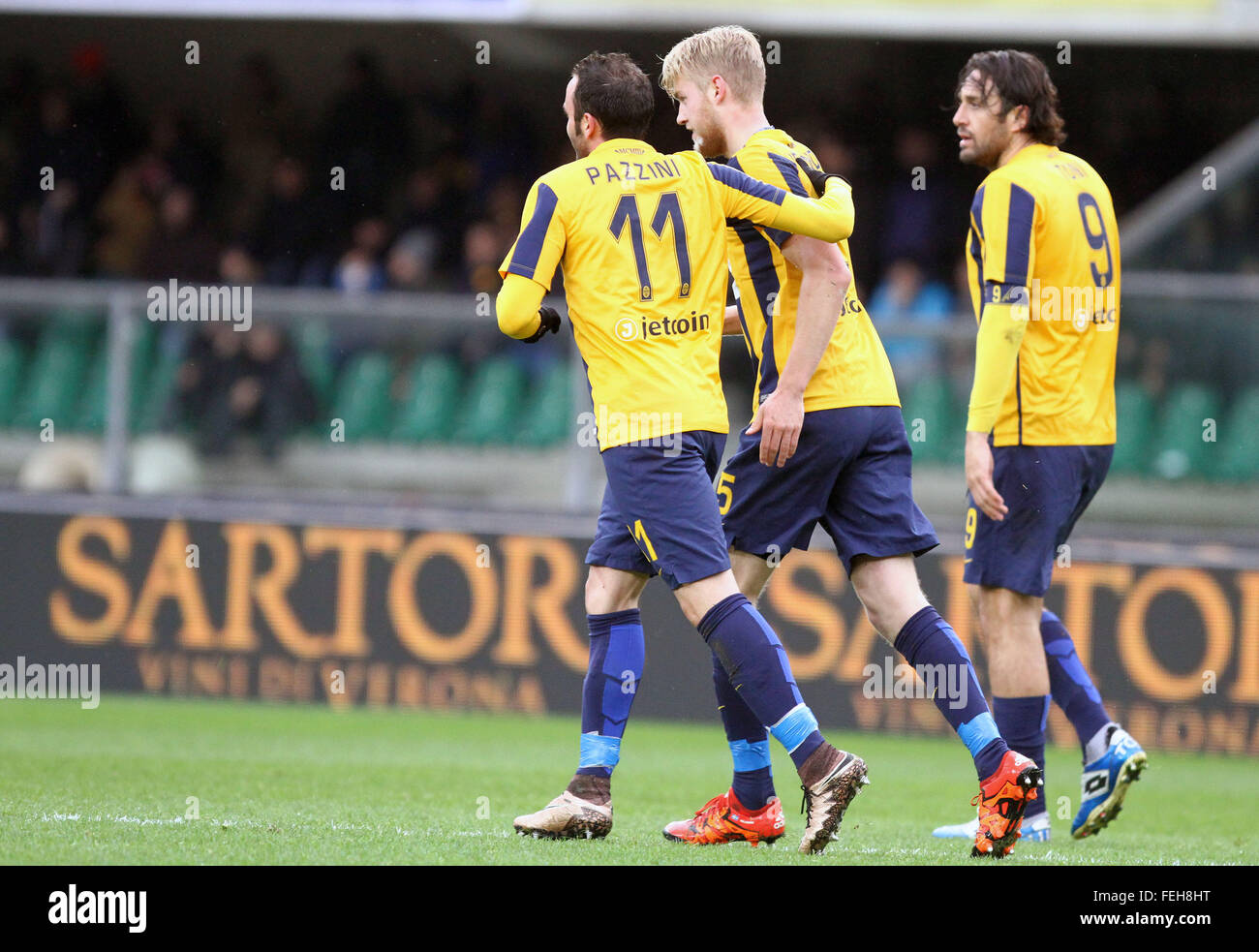 Hellas Verona's defender Filip Helander (C) celebrates after scoring a ...