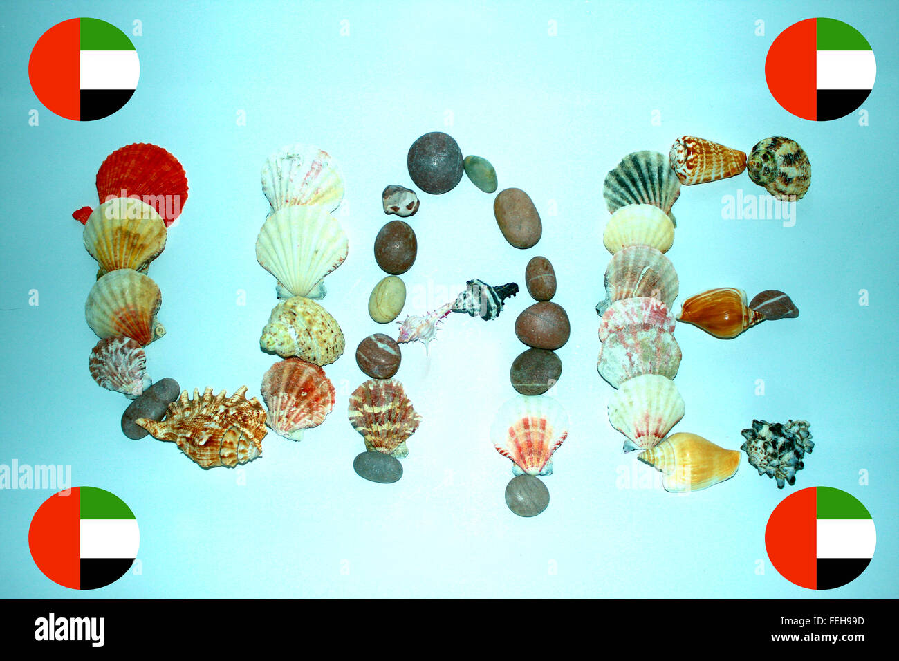 UAE letters of the shells ith a small flags Stock Photo - Alamy