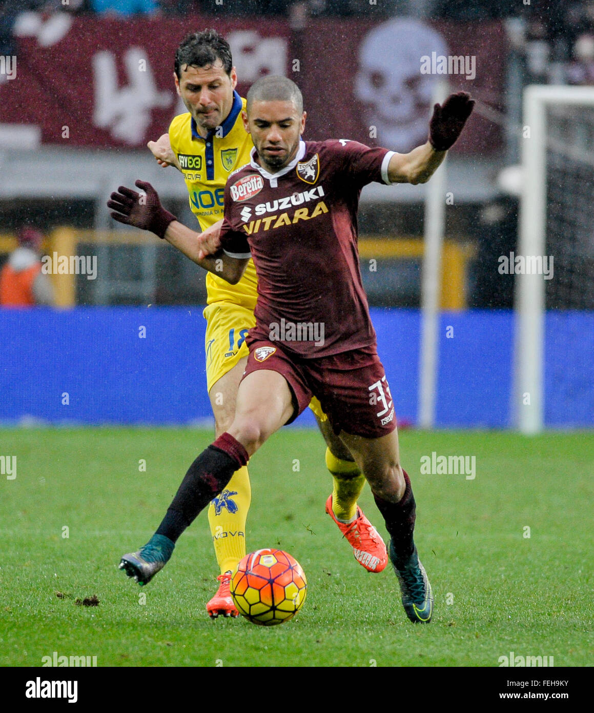 Turin, Italy. 07th Feb, 2016. Massimo Gobbi (left) and Bruno Peres ...