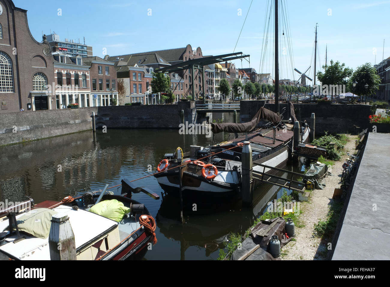 Wooden Dutch sailing barge on a canal at Delfshaven, Rotterdam ...