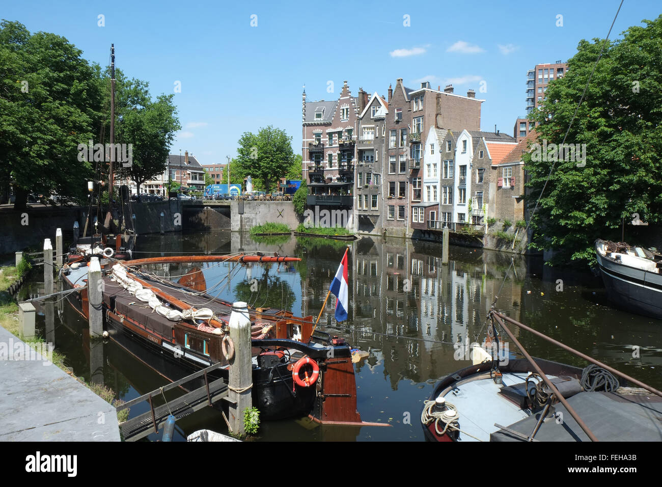 Wooden Dutch sailing barge in the harbour at Delfshaven, Rotterdam ...
