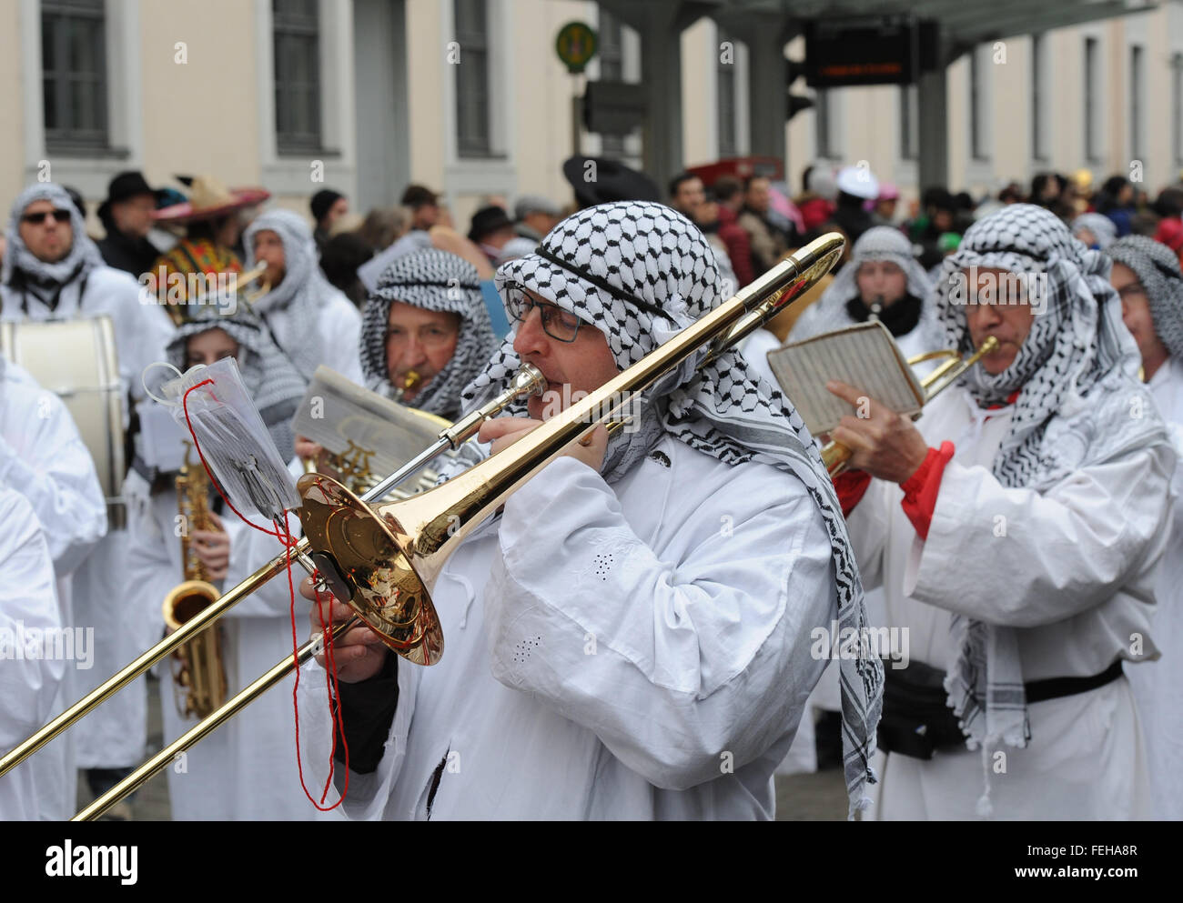 Wuerzburg, Germany. 07th Feb, 2016. A marching band wearing Arab garb ...