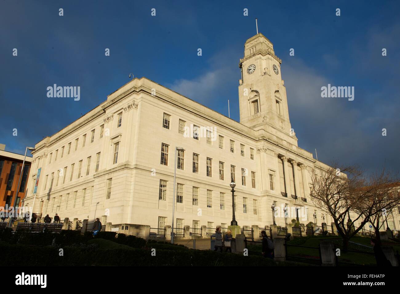 Barnsley Town Hall in South Yorkshire lit by the early morning sunshine ...