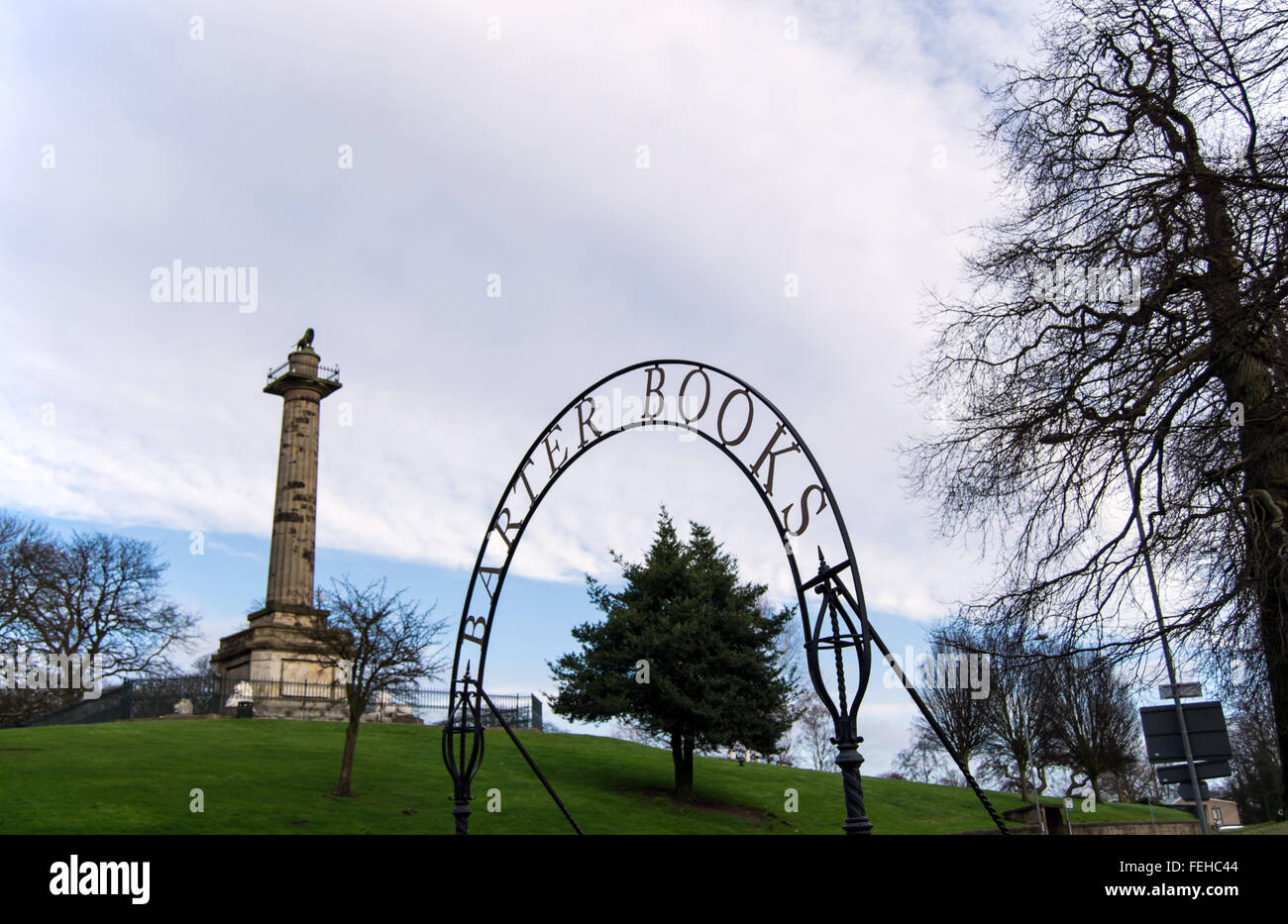 Barter Books sign at Alnwick Northumberland with the Lion statue in the ...