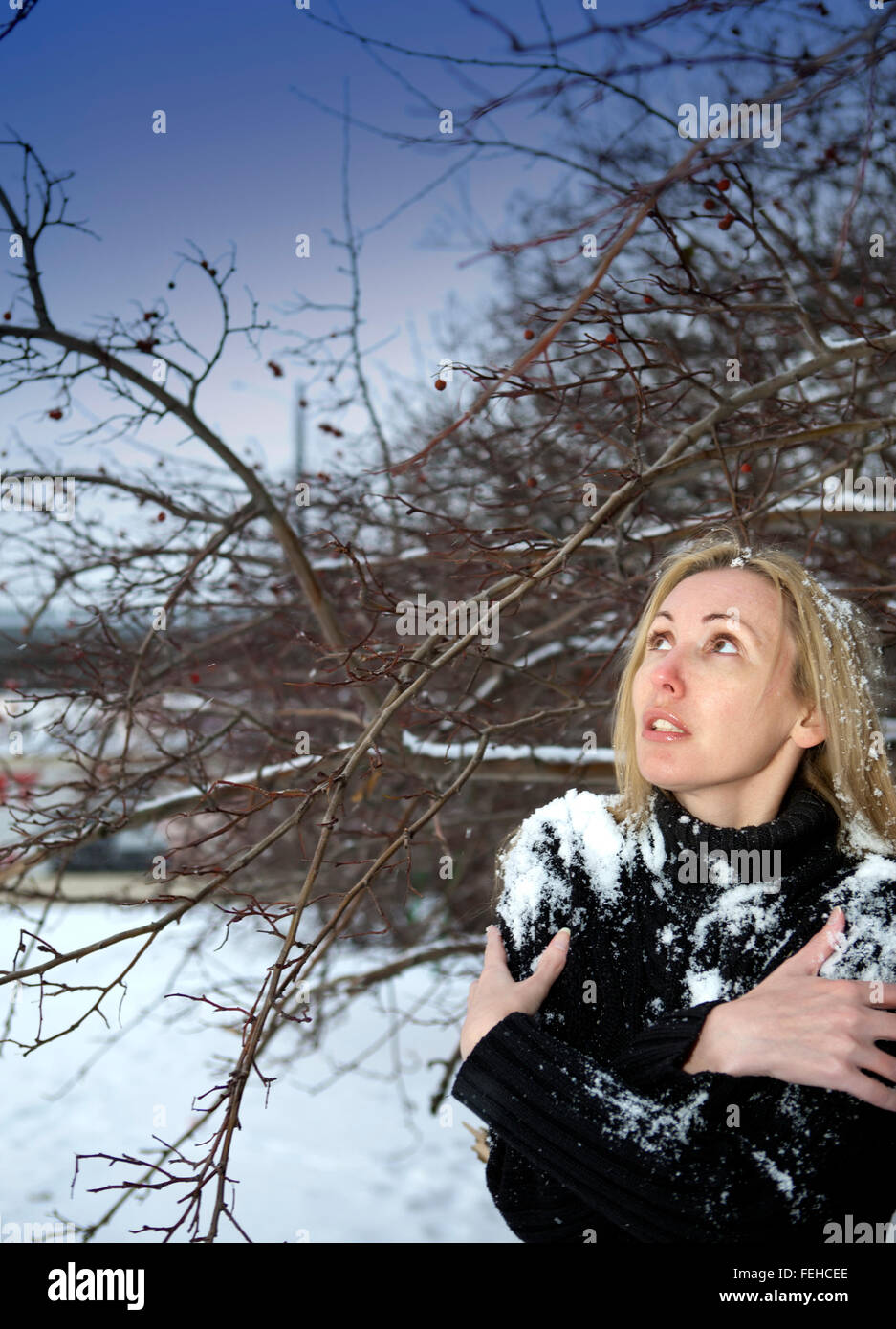 The young frozen woman stand under the falling snow Stock Photo - Alamy