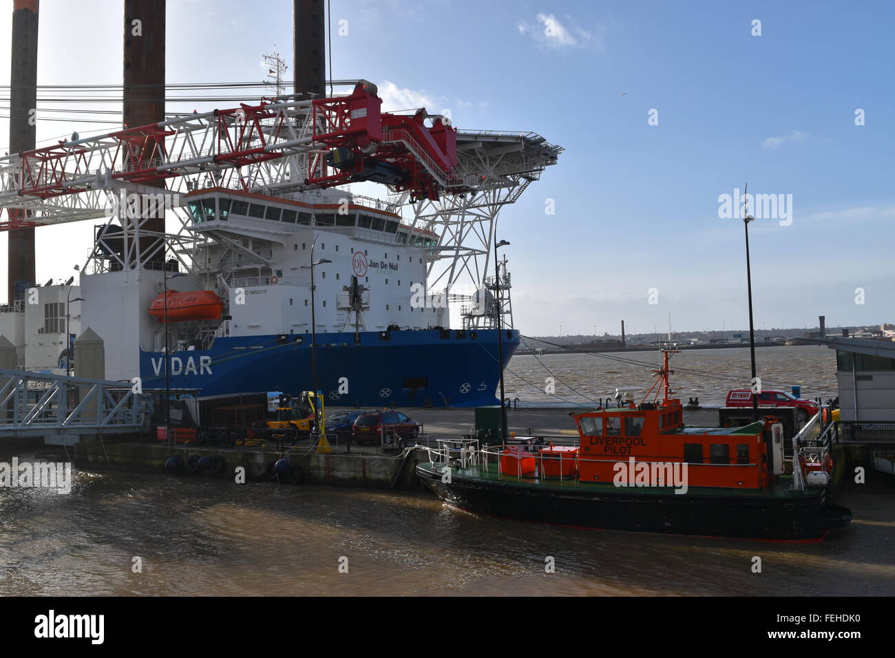 Liverpool waterfront with the Liverpool pilot boat in front of a German ...