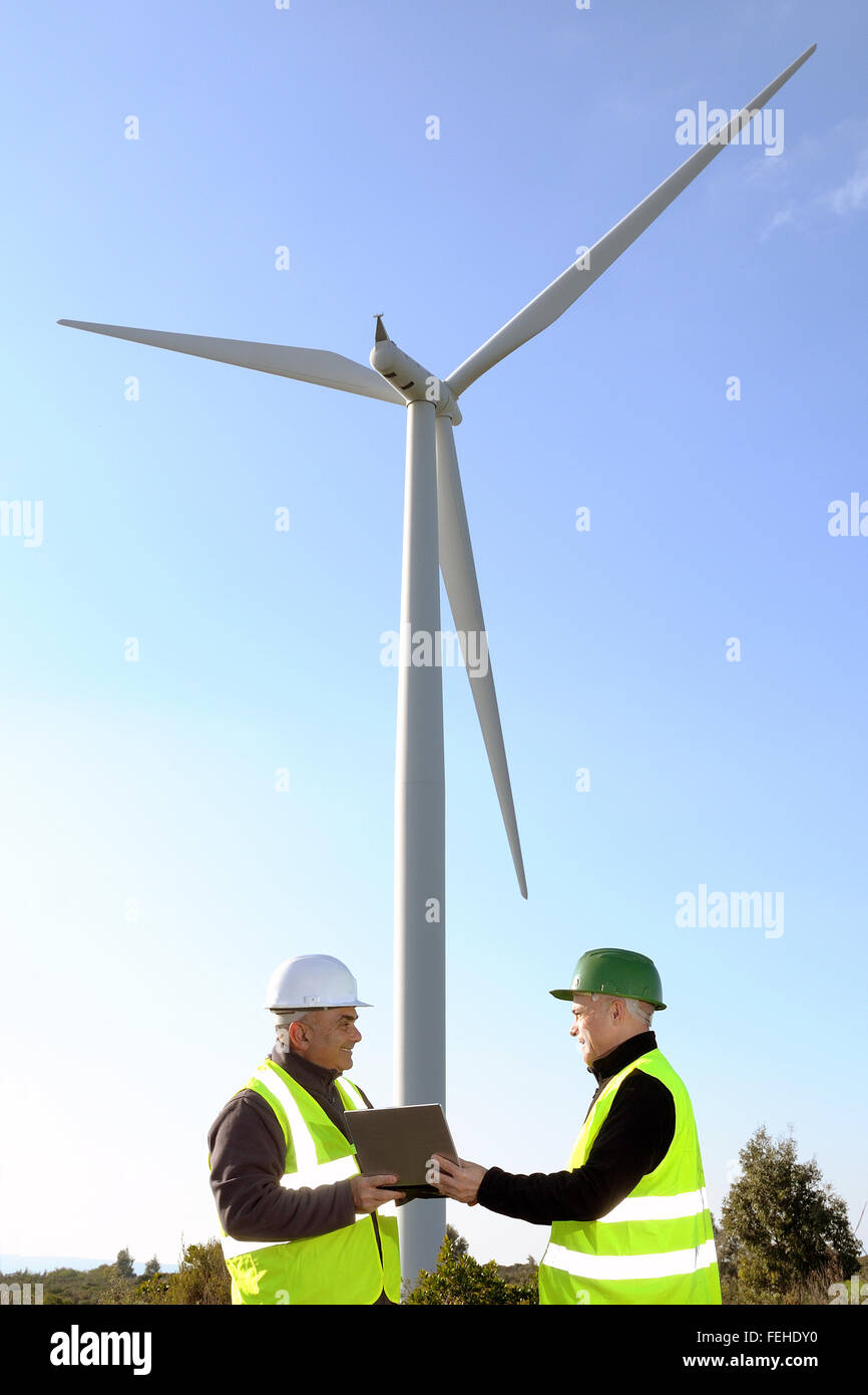 Technicians engaged in the detecting of a wind turbine installation for ...