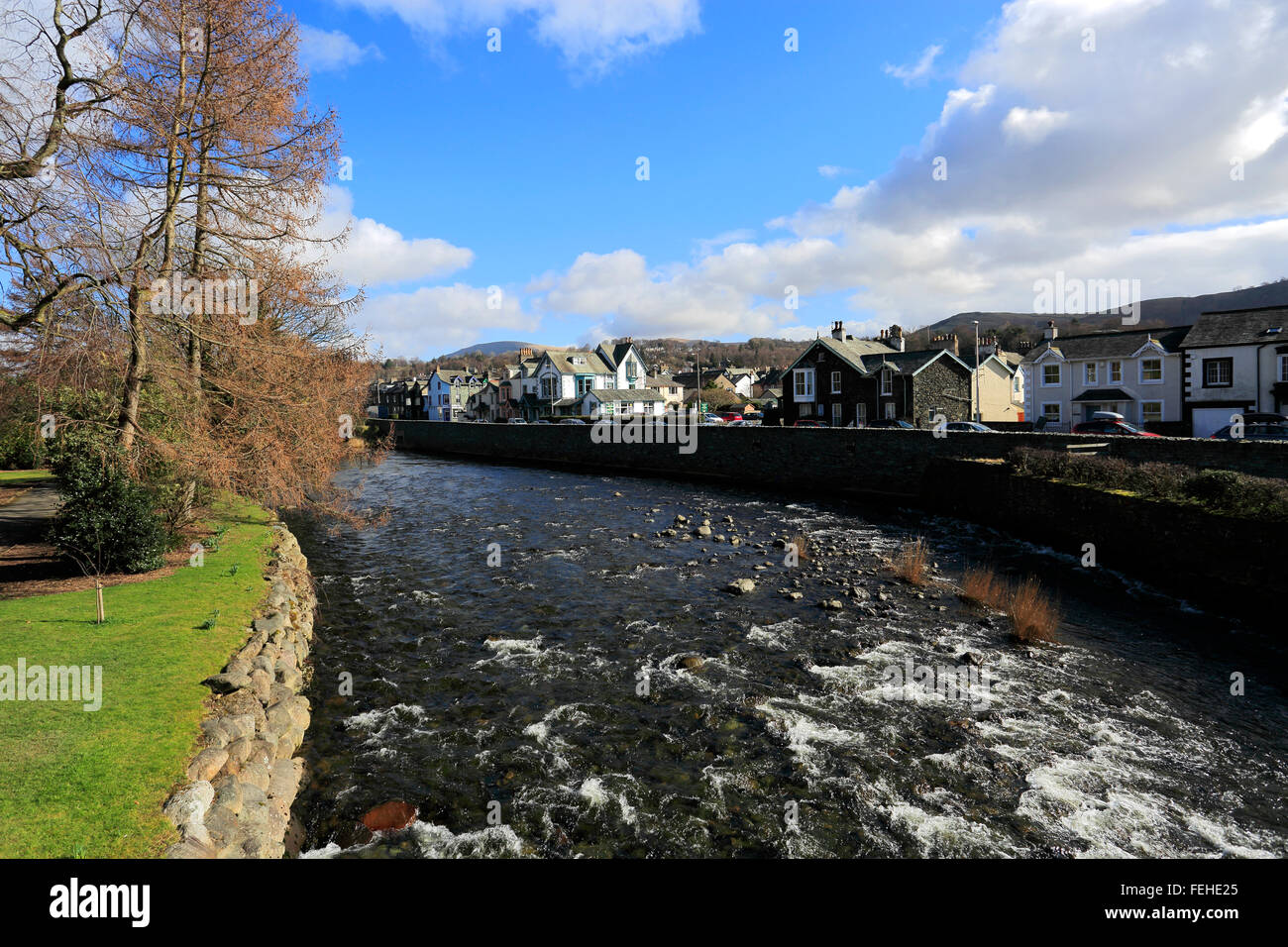 Spring, river Greta, Keswick town, Lake District National Park, Cumbria ...