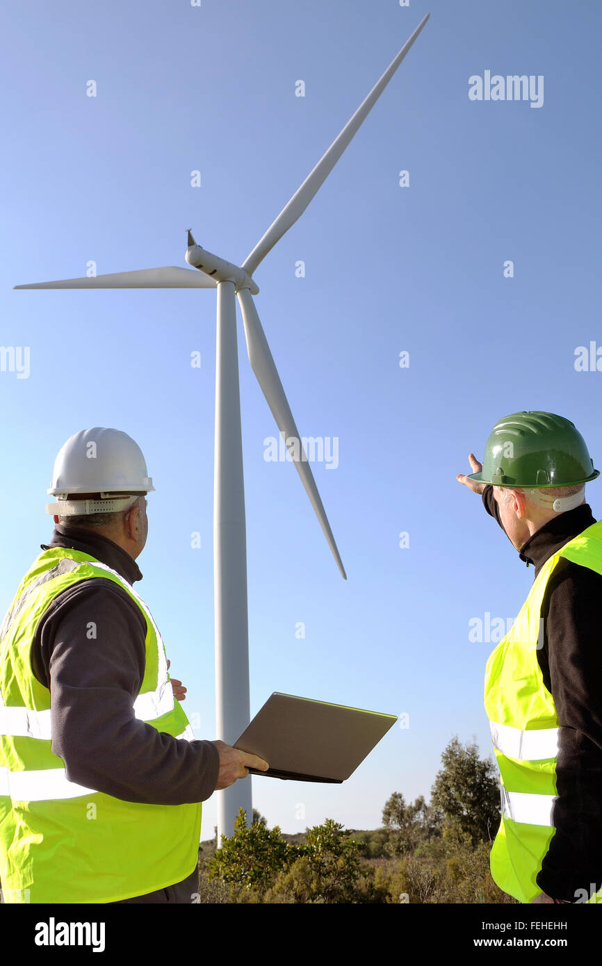 Technicians engaged in the detecting of a wind turbine installation for ...