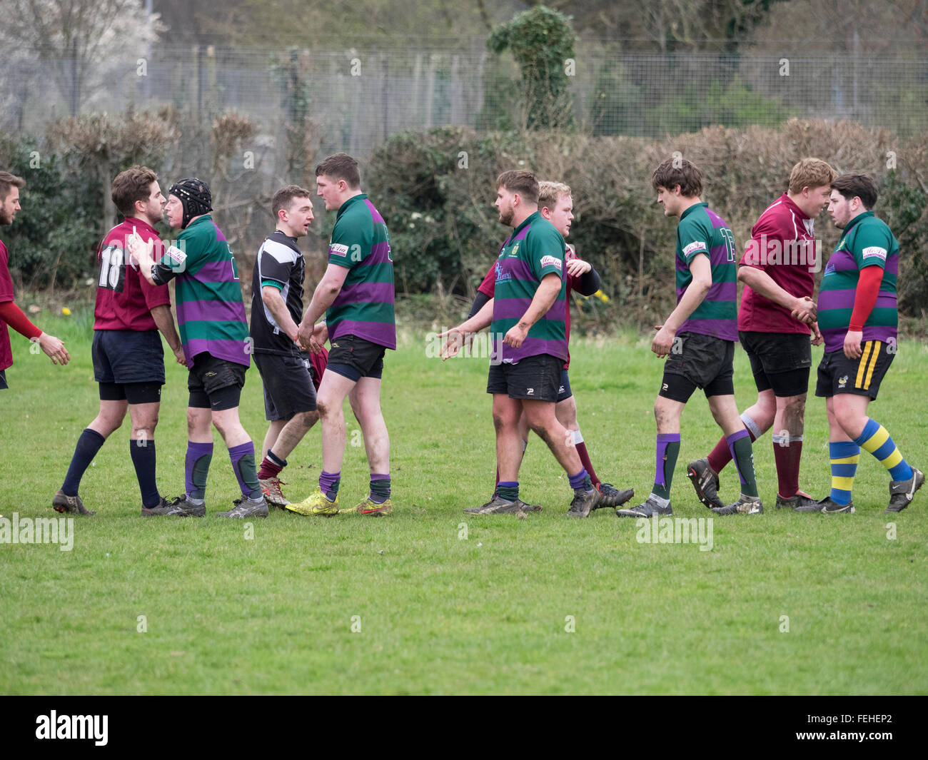 Rugby layers shake hands after match Stock Photo - Alamy