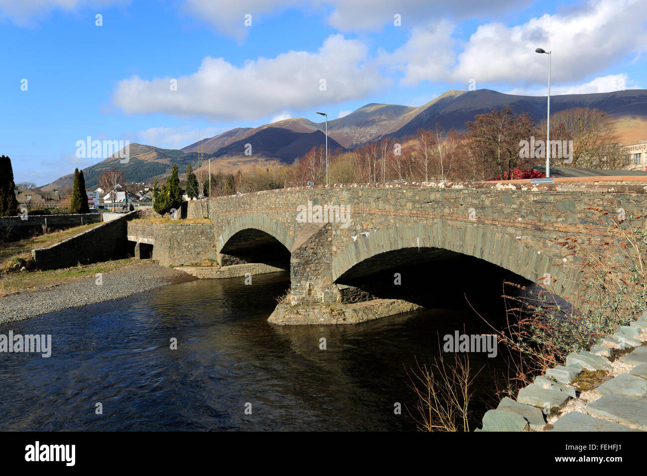 Spring, river Greta, Keswick town, Lake District National Park, Cumbria ...