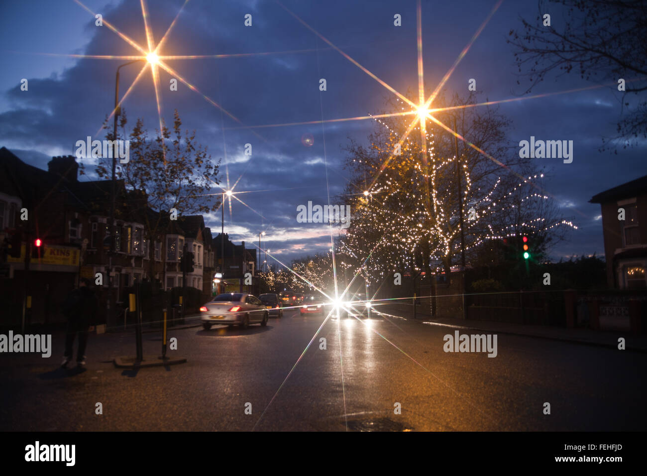 London street scene in winter, star filter used to accentuate street ...