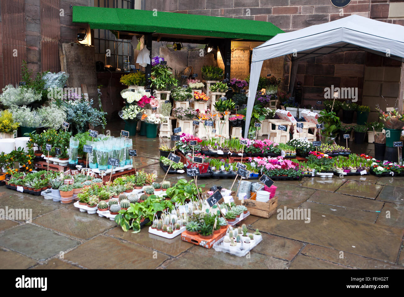 flower stall street selling flowers in St. Ann's Square, Manchester, UK ...