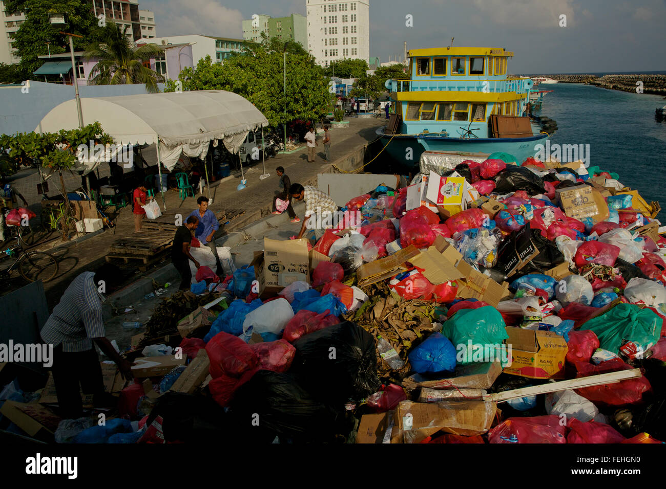 Rubbish, Garbage, is gathered on board a boat at Male island, Kaafu ...