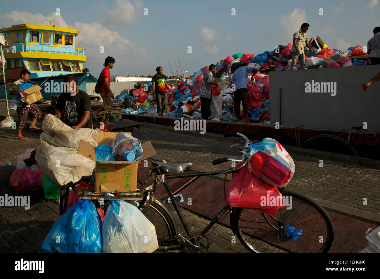 Rubbish, Garbage, is gathered on board a boat at Male island, Kaafu ...