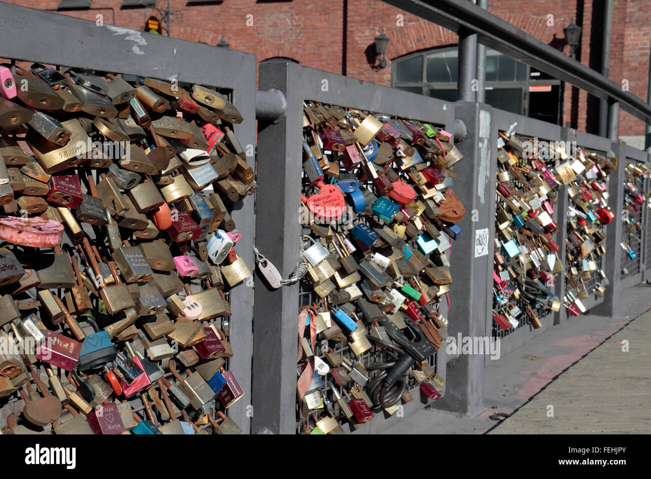 Love locks (padlocks) fixed to Rakkauden Silta, Helsinki’s Bridge of ...