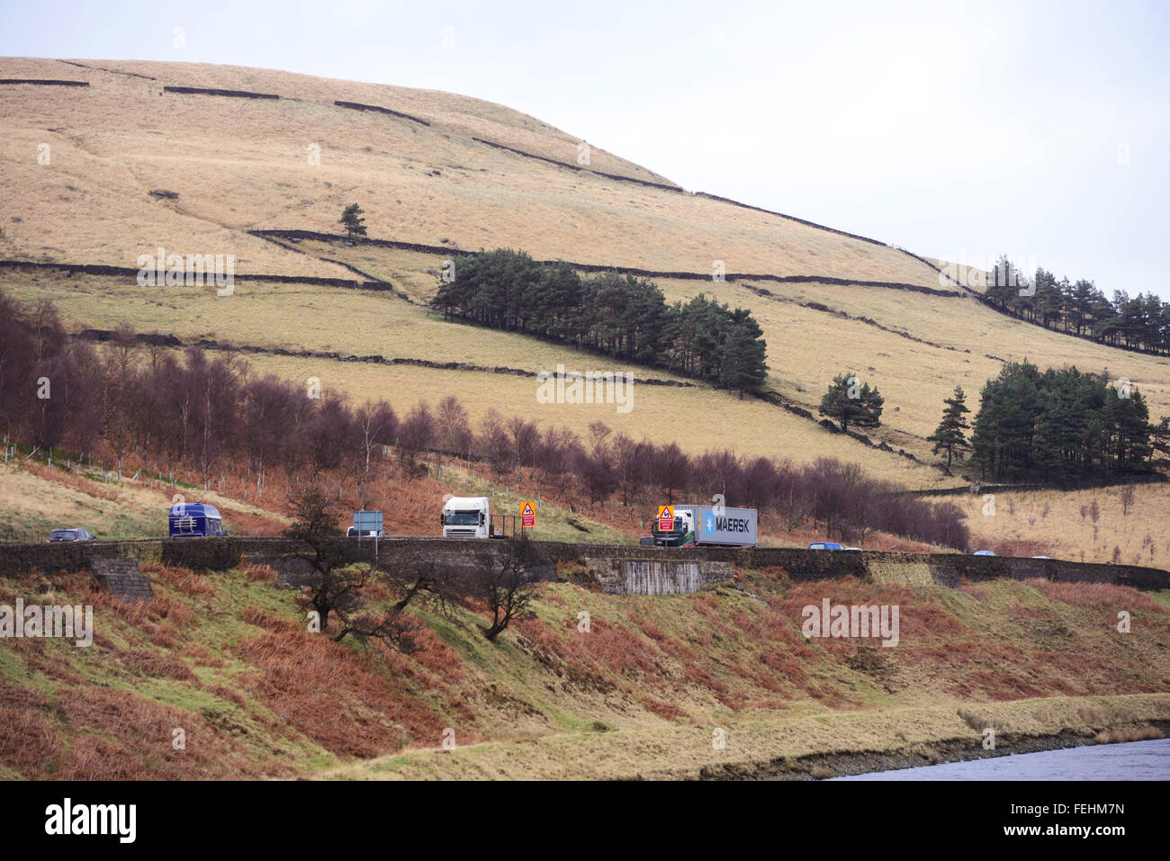Vehicles travelling on the A628 Woodhead, Peak District National Park ...