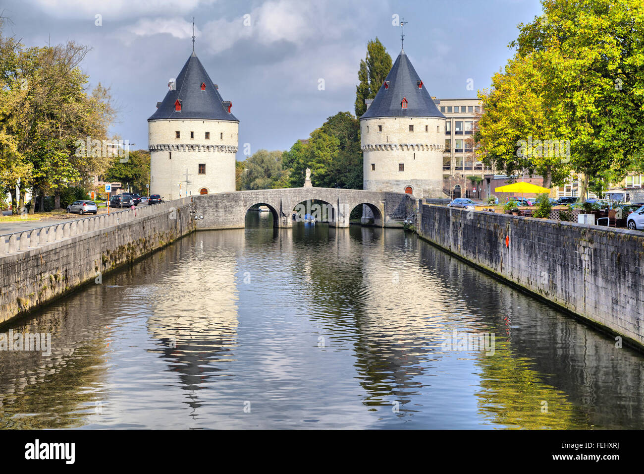 Medieval Broel Towers and old bridge in Kortrijk city, Belgium Stock ...