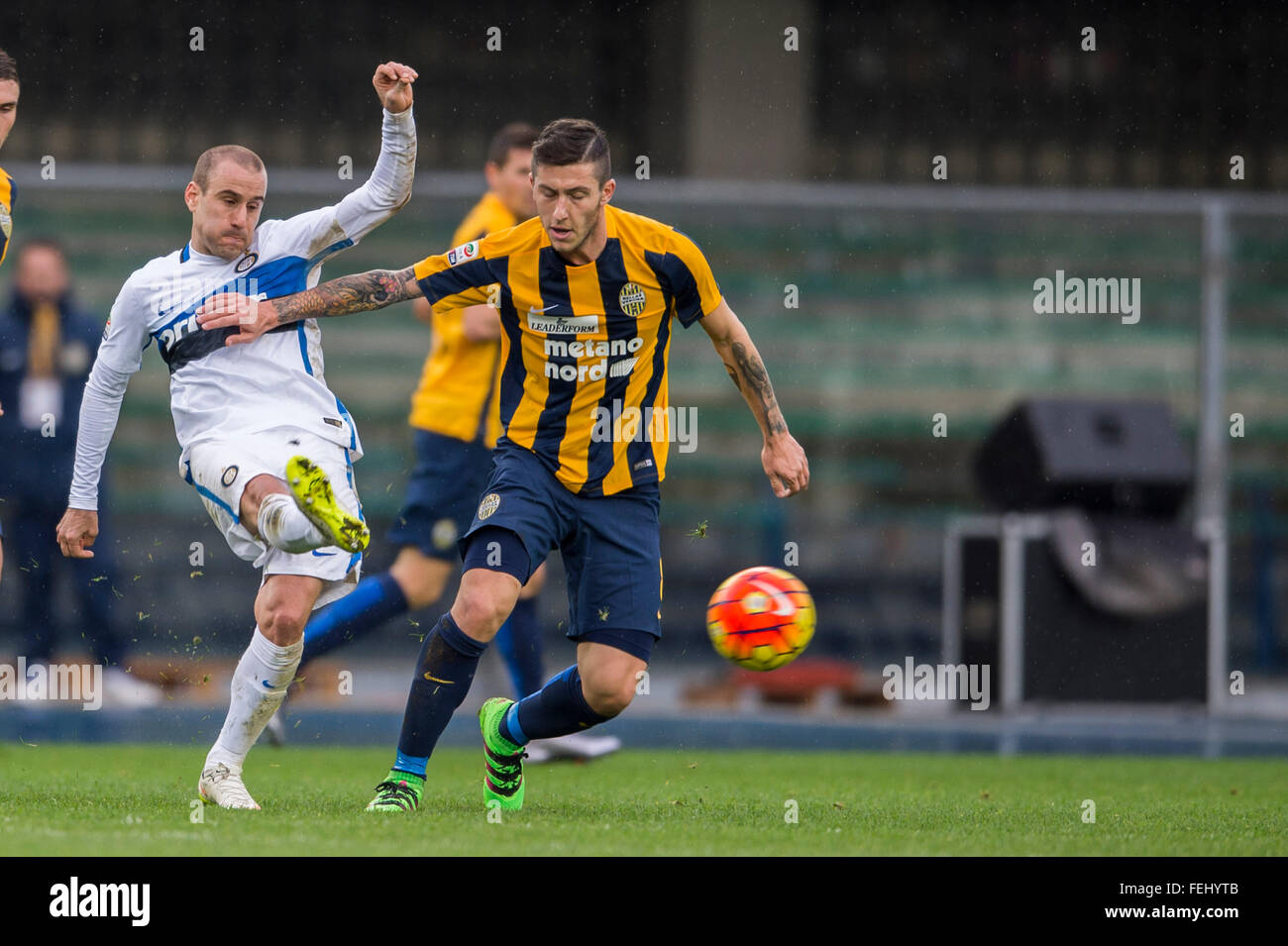 Verona, Italy. 7th Feb, 2016. Rodrigo Palacio (Inter), Luca Marrone ...