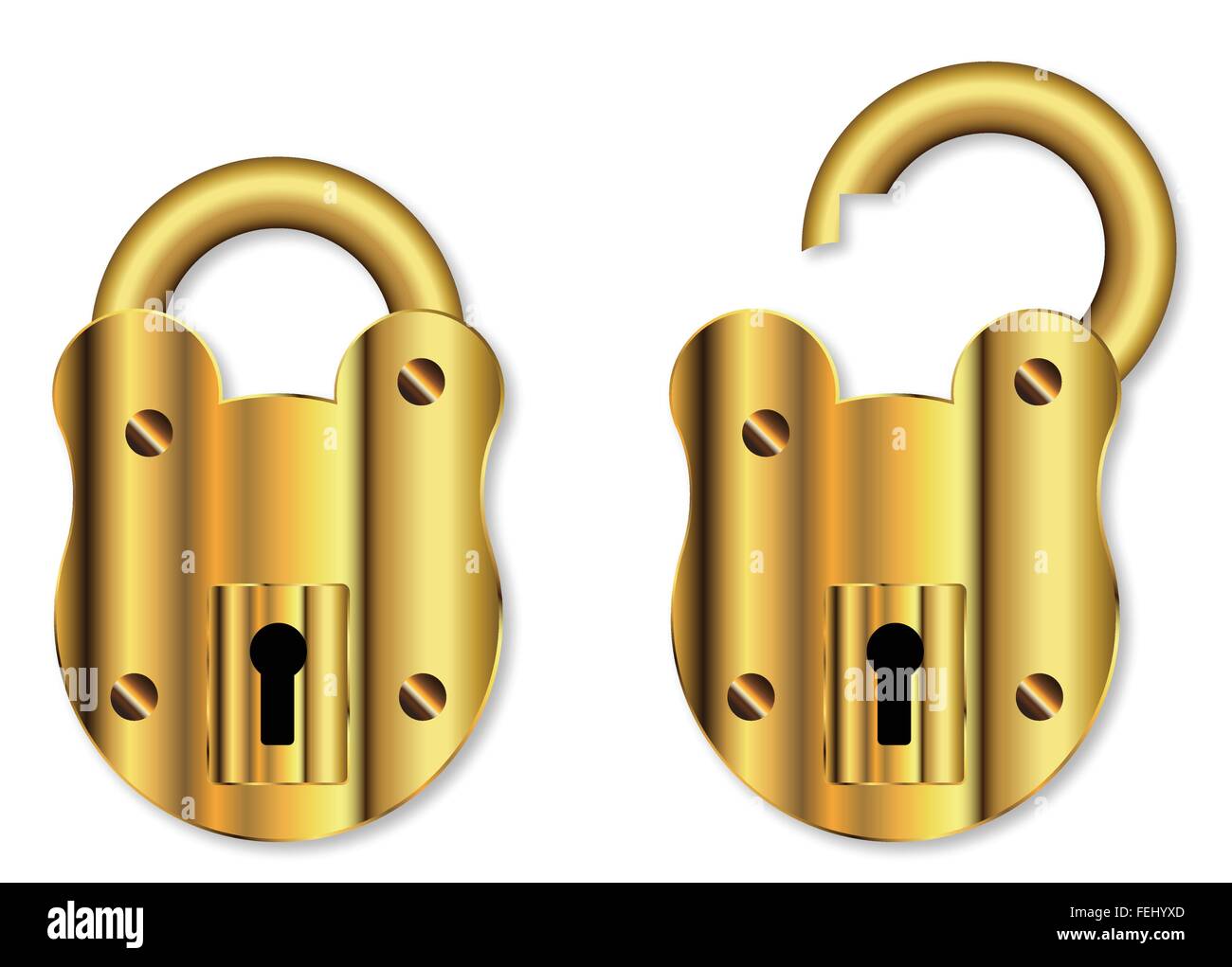 A new brass padlock in open and close positions over a white background ...