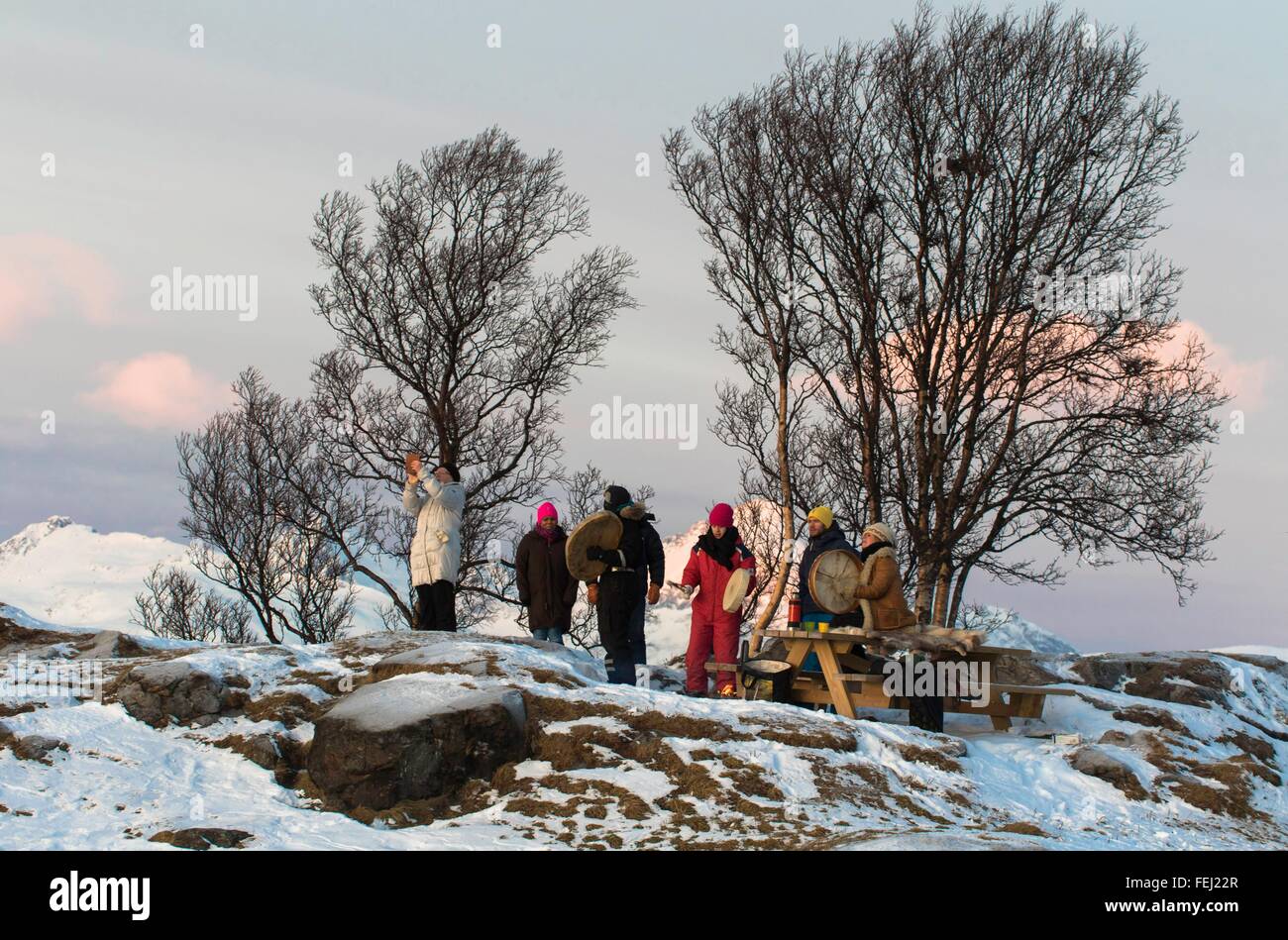 Sami people and tourists hail the sun after polar night, januar 2016 ...