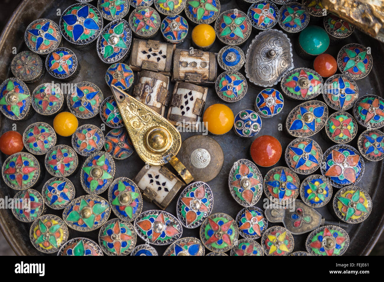 Multicolored metal boxes in the old Medina of Fez, Morocco Stock Photo ...