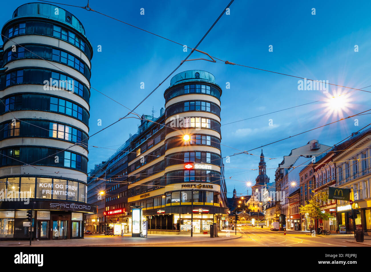 OSLO, NORWAY - JULY 31, 2014: Night View of Storgata street in Oslo ...