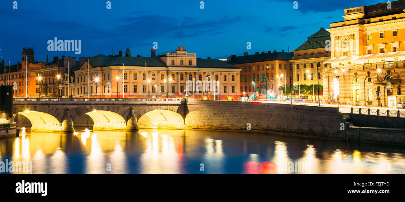 Night Panoramic View Of Illuminated Old Norrbro Bridge in Evening in ...