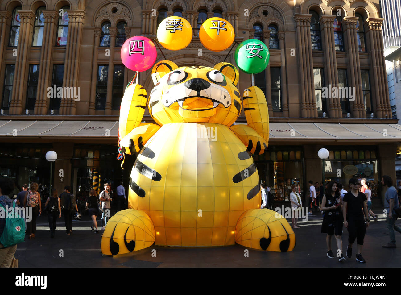 Sydney, Australia. 8 February 2016. A tiger lantern outside the Queen ...