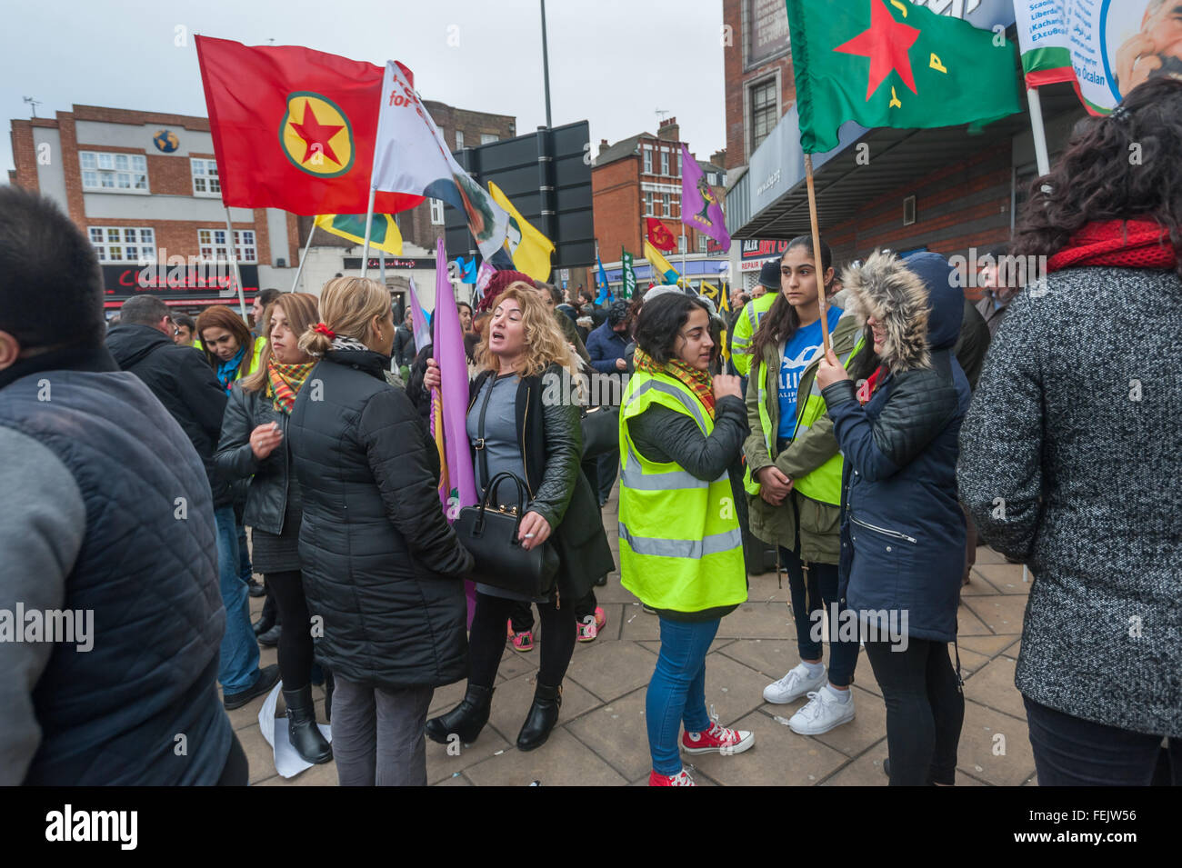 London, UK. 7th February, 2016. Kurds gather at Angel Corner Edmonton ...