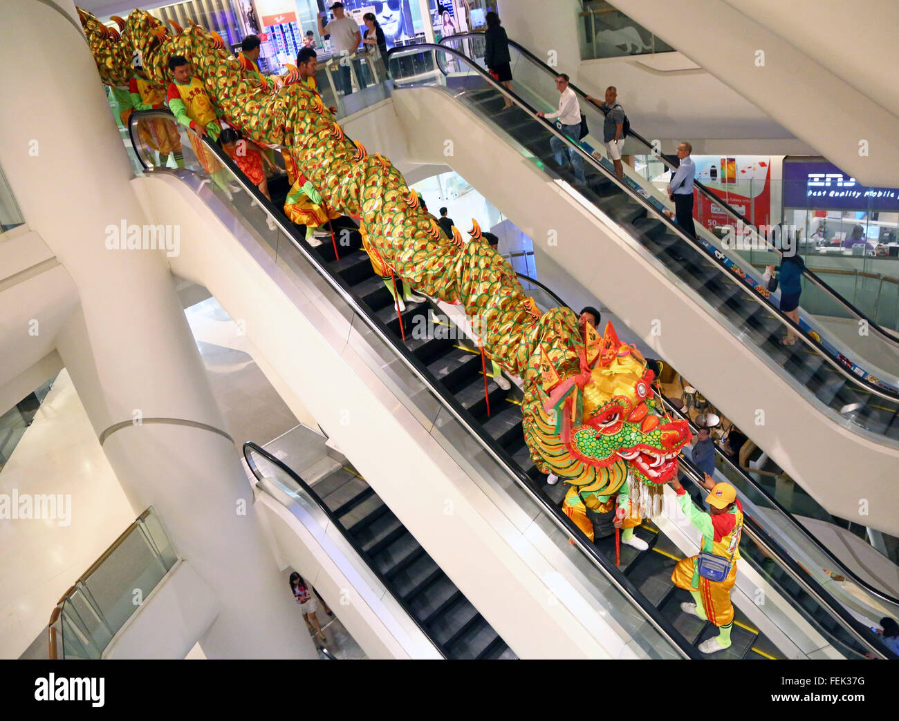 Bangkok, Thailand. 8th February 2016. A Golden Dragon rides the ...