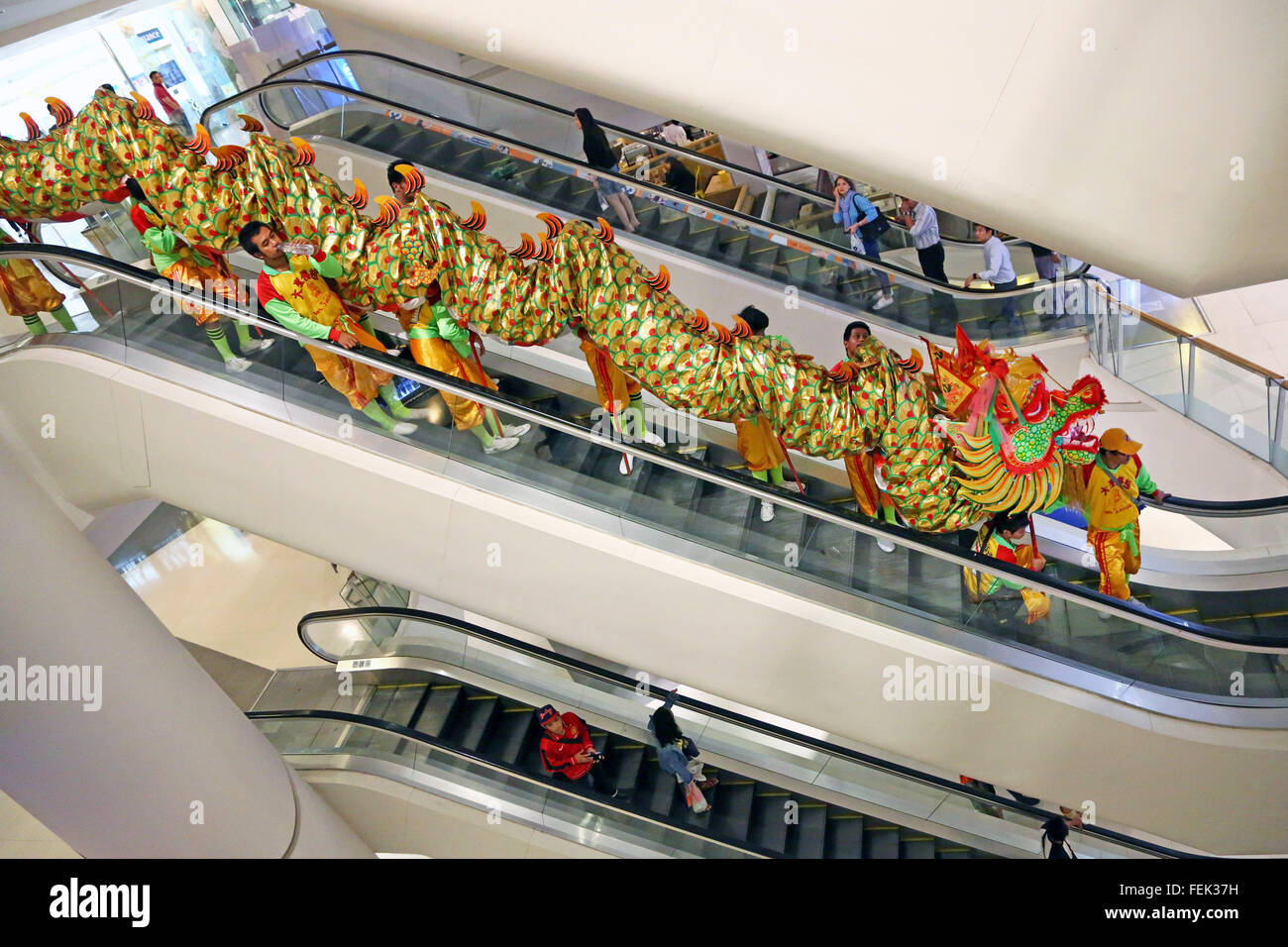 Bangkok, Thailand. 8th February 2016. A Golden Dragon rides the ...