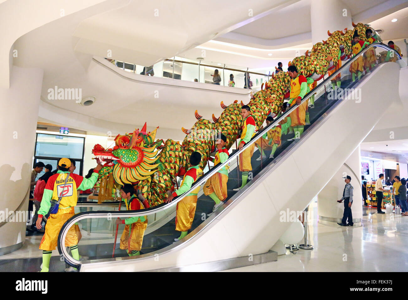 Bangkok, Thailand. 8th February 2016. A Golden Dragon rides the ...
