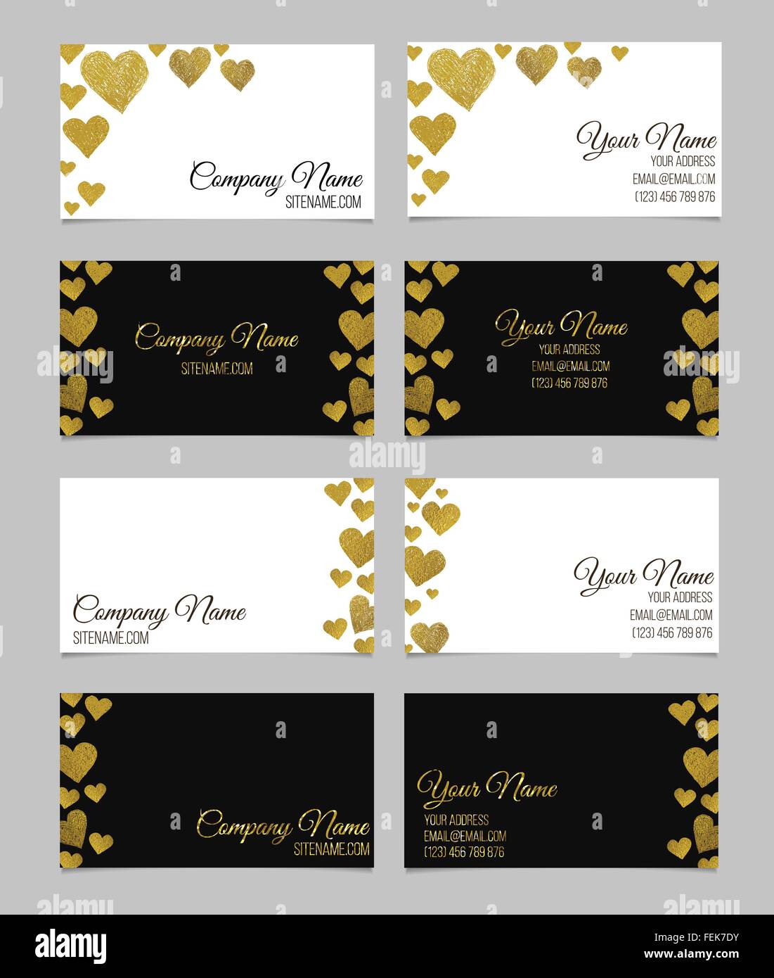 Business card template or visiting card set with golden foil heart ...