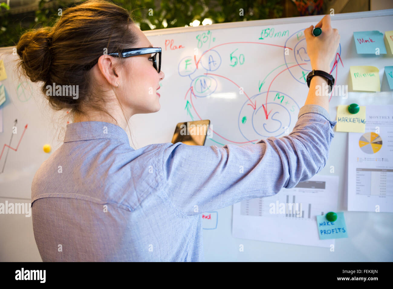 Young businesswoman working with whiteboard in office Stock Photo - Alamy