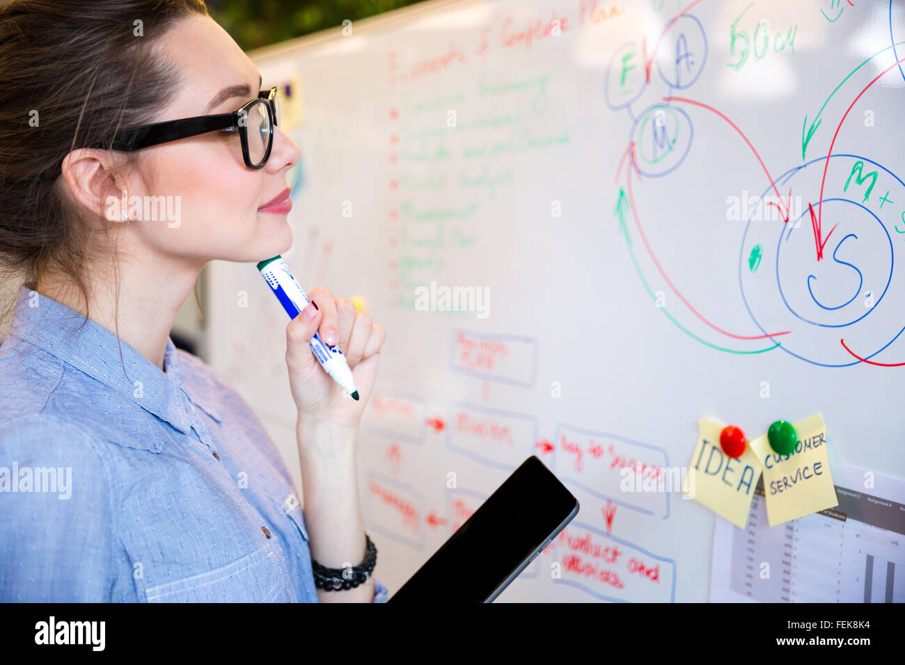 Young busineswoman reading something on whiteboard in office Stock ...