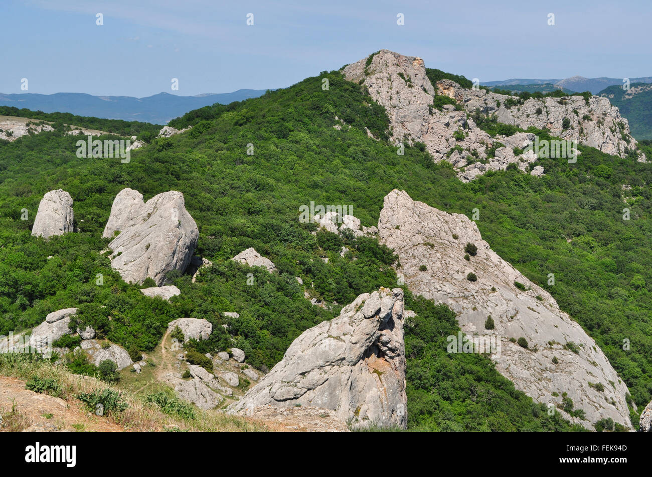 nice view from the mountains to the dense forest and cliffs in Crimea ...