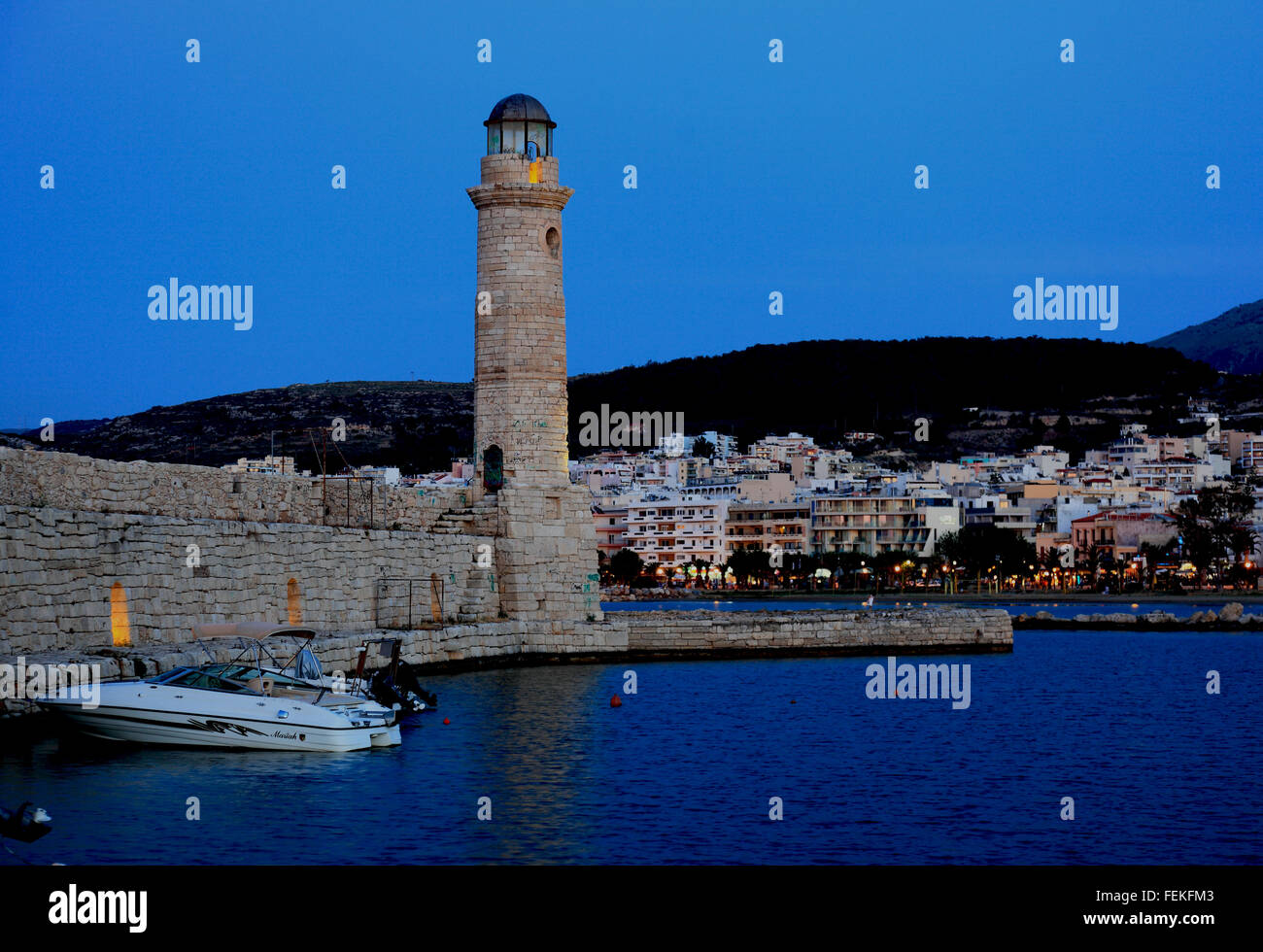 Crete, port Rethymno, old Leutturm in the Venetian harbour, evening ...