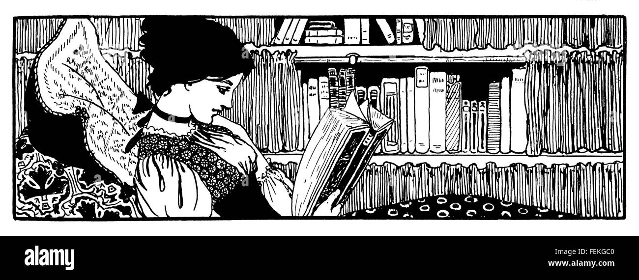 woman reading book in library, chapter heading design line Illustration ...