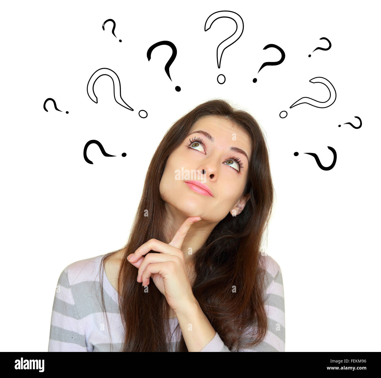 Thinking woman with many question marks above the head isolated on ...