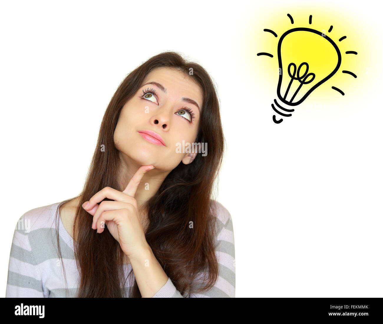 Thinking woman with idea bulb lamp above isolated on white background ...