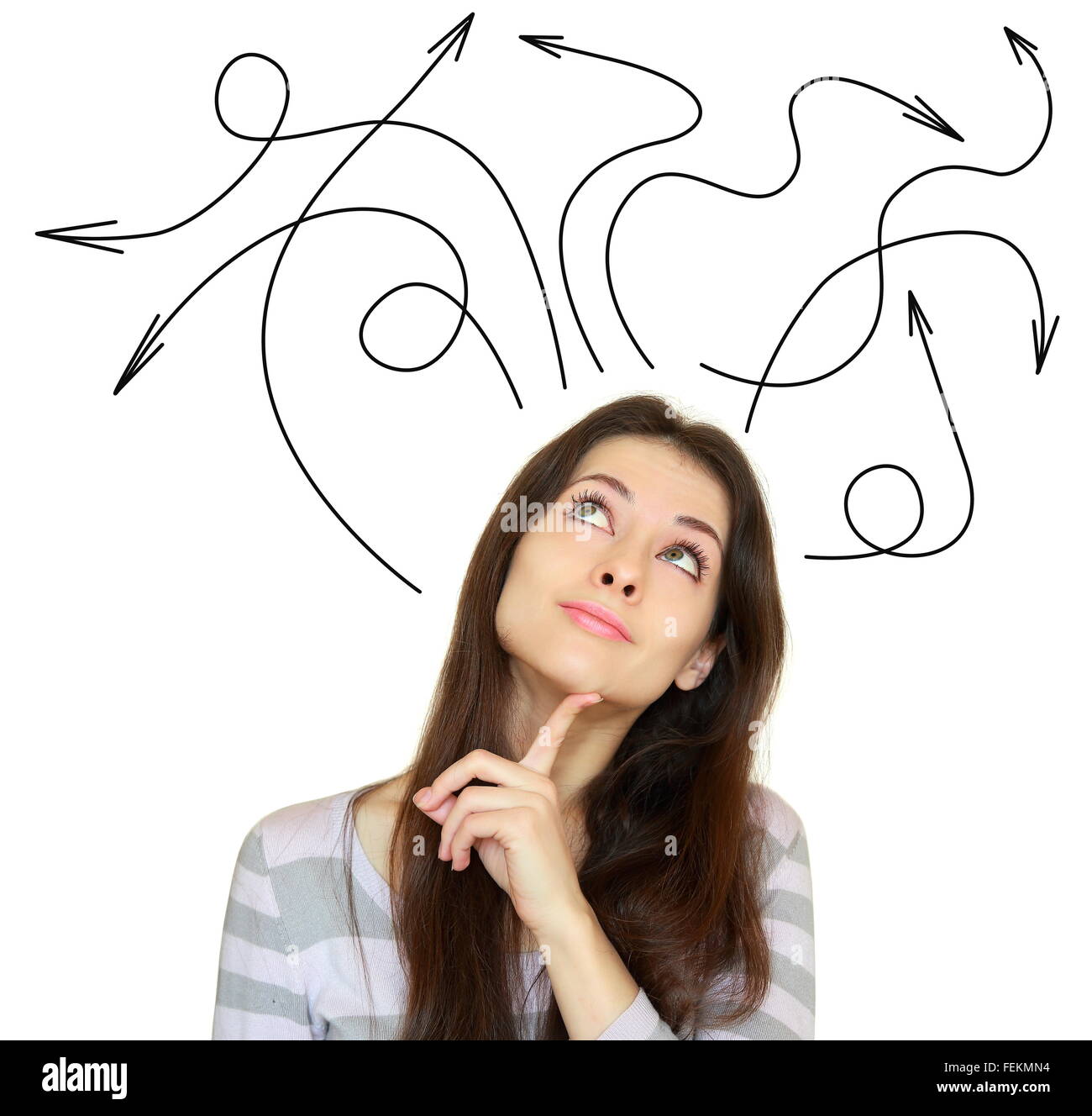 Young woman thinking with many arrows above the head isolated on white ...