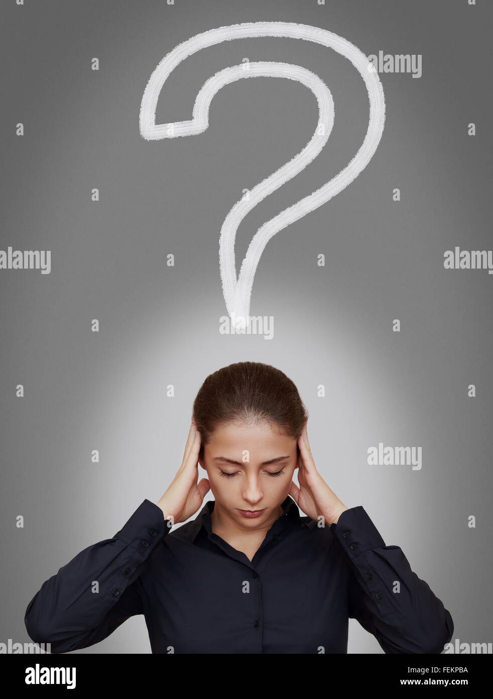 Business woman thinking hard with question sign above head on grey ...
